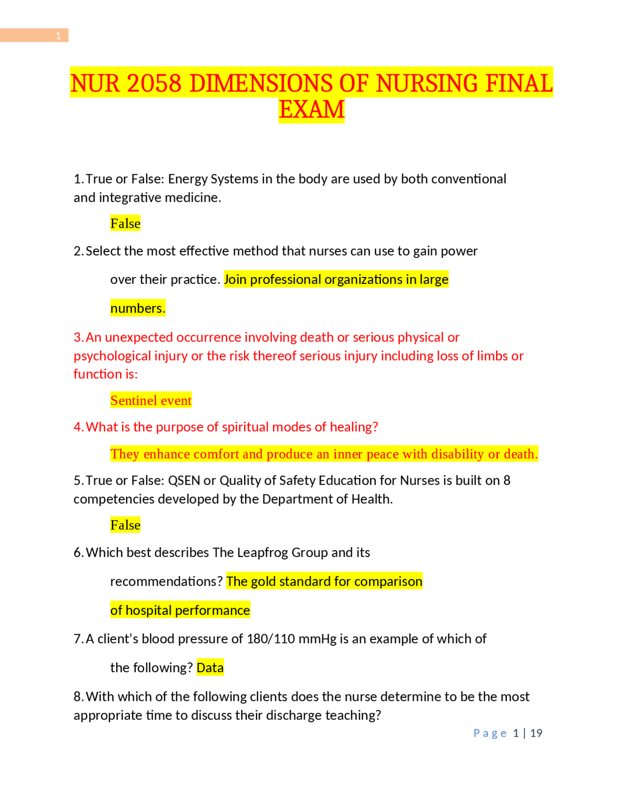 NUR 2058 DIMENSIONS OF NURSING FINAL EXAM | Exams Nursing | Docsity