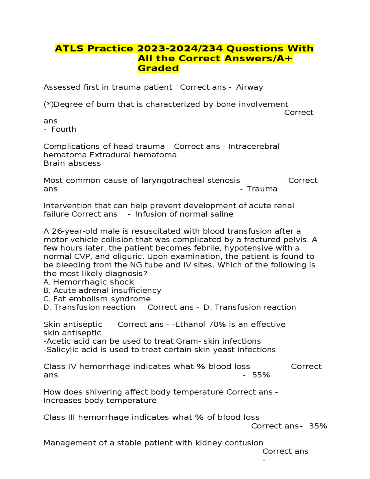 ATLS Practice 2023-2024/234 Questions With All the Correct Answers/A+ ...