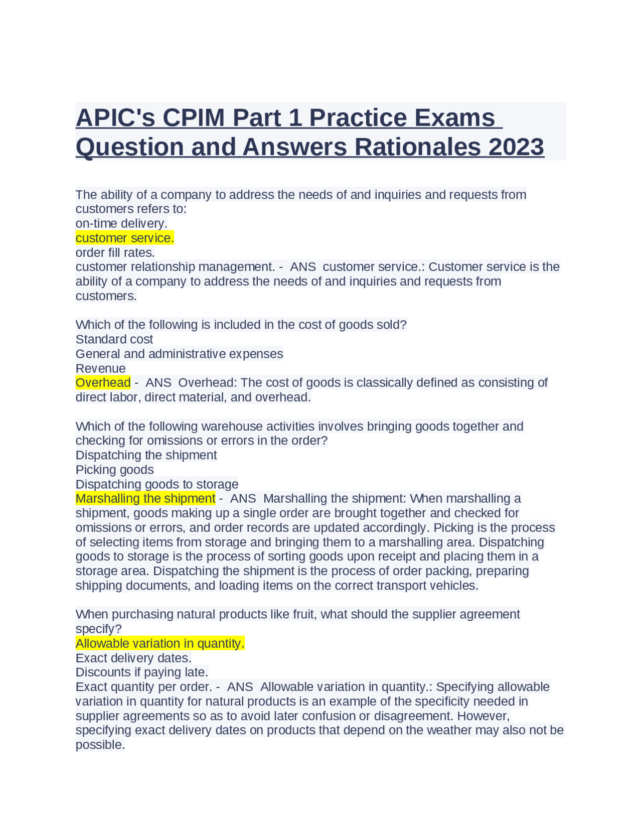 APIC's CPIM Part 1 Practice Exams Question and Answers Rationales 2023 ...
