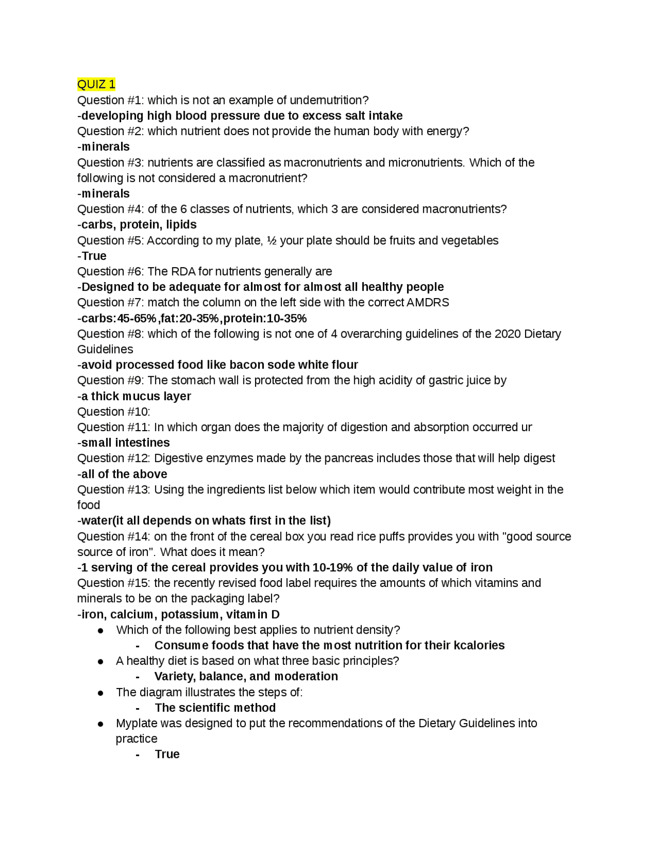NUTRITION COMPLETE QUIZ FOR NURSING STUDENTS | Exams Nursing | Docsity