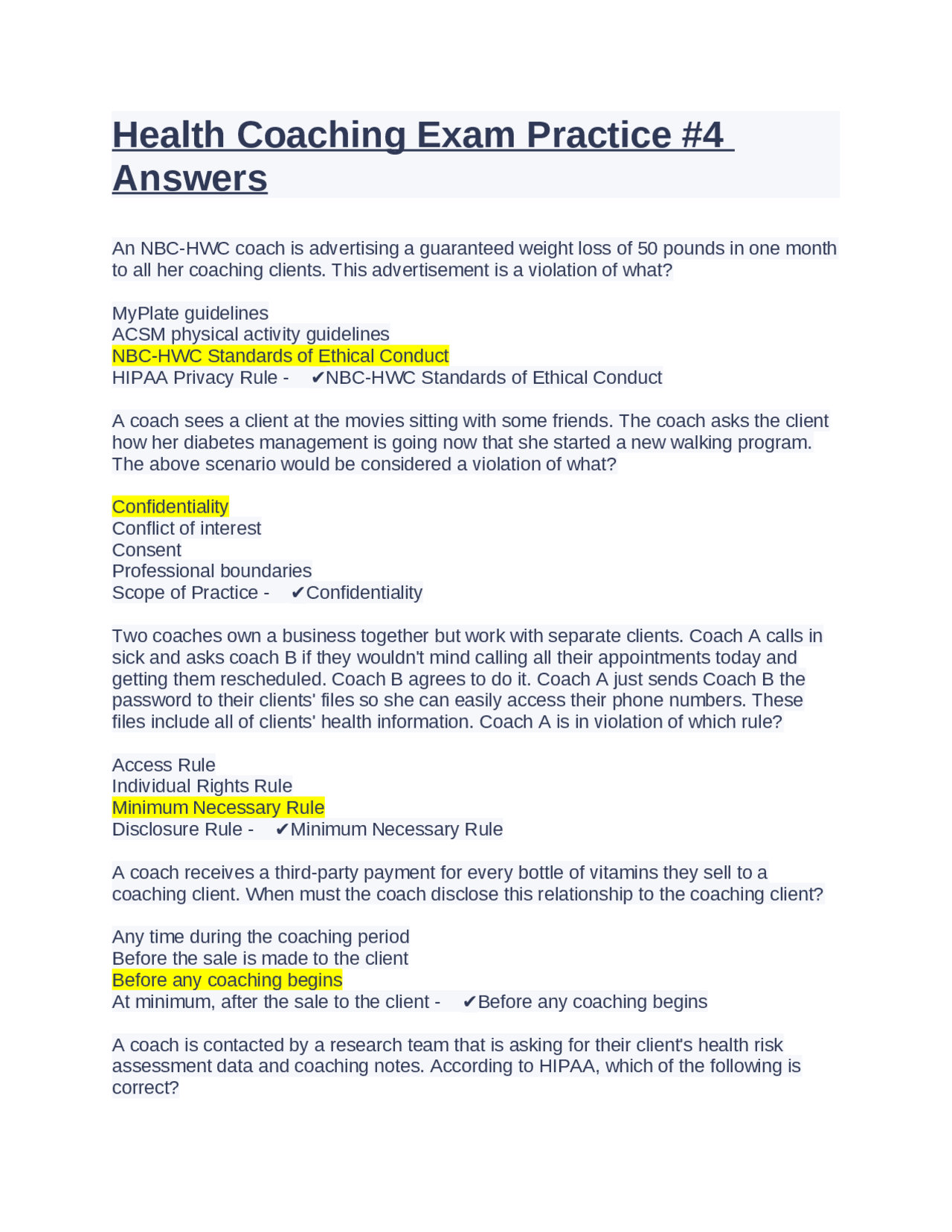 Health Coaching Exam Practice 4 Answers Exams Political Theory Docsity