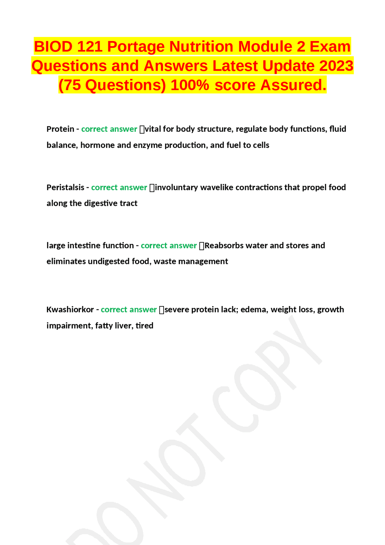 BIOD 121 Portage Nutrition Module 2 Exam Questions and Answers Latest ...