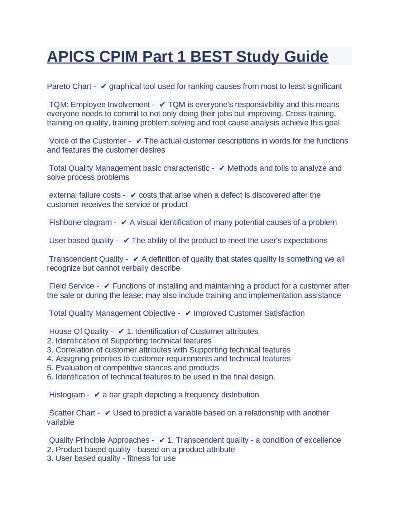 APICS CPIM Part 1 BEST Study Guide | Exams Nursing | Docsity