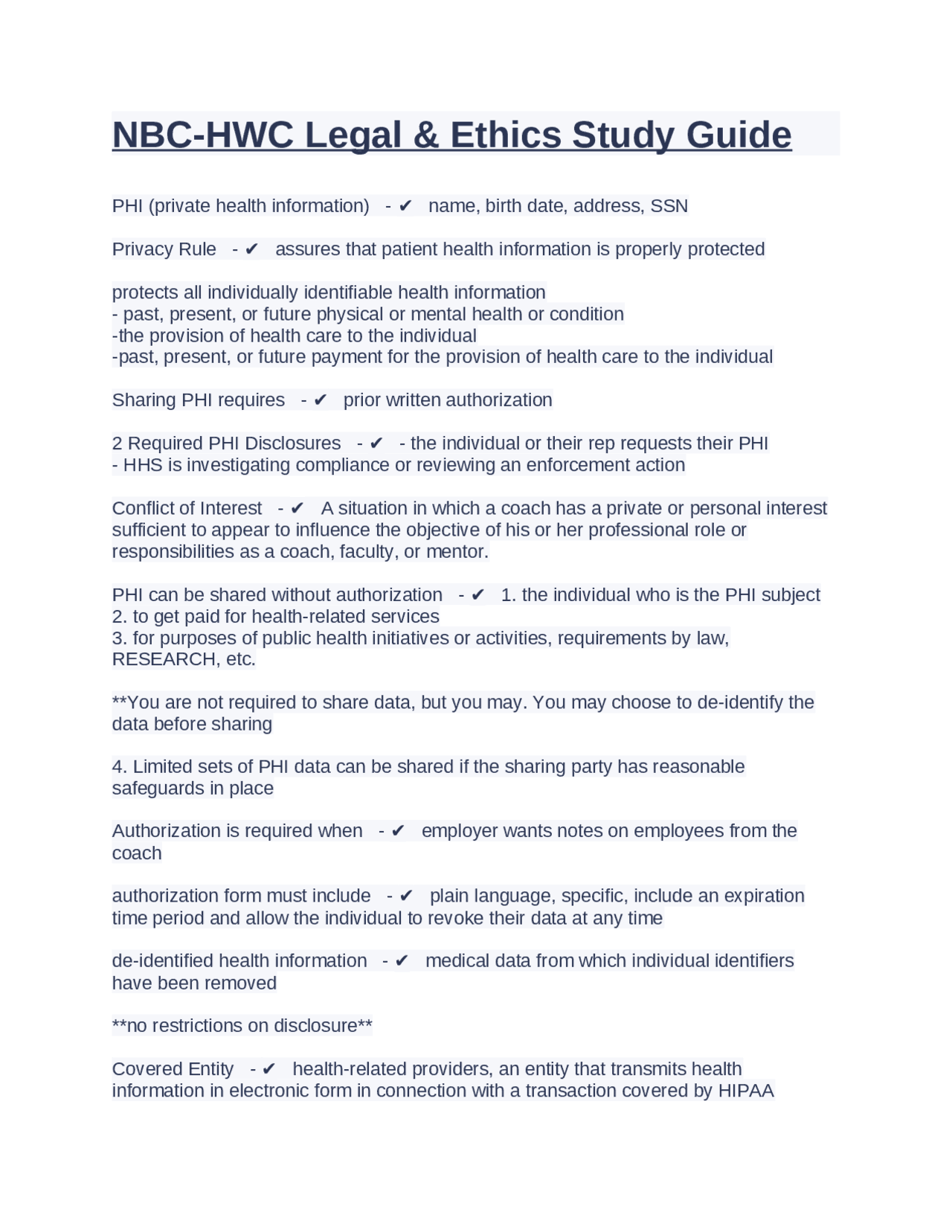 NBC-HWC Legal & Ethics Study Guide | Exams Political Philosophy | Docsity