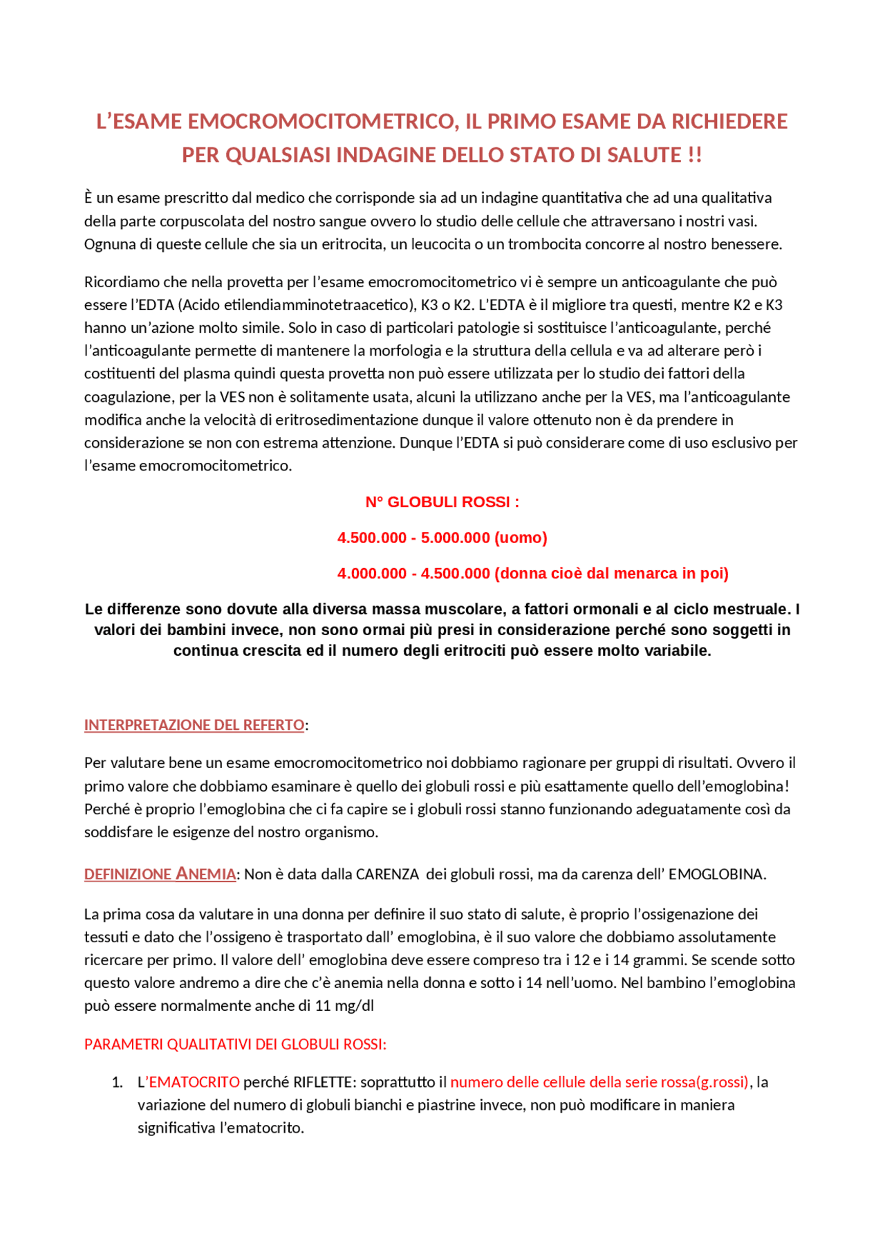 L’ESAME EMOCROMOCITOMETRICO | Sbobinature di Patologia | Docsity