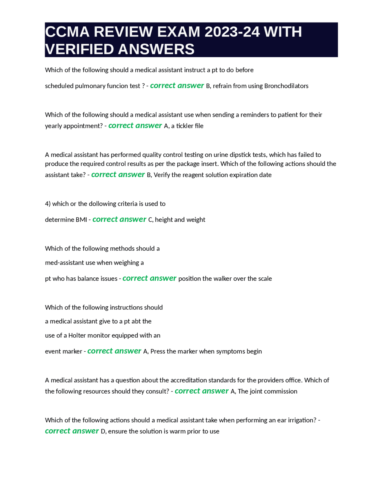 CCMA REVIEW EXAM 2023-24 WITH VERIFIED ANSWERS | Exams Nursing | Docsity