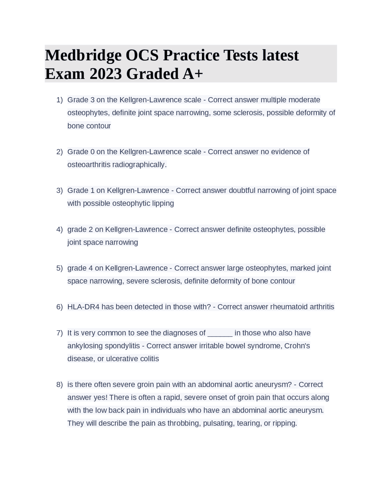 Medbridge OCS Practice Tests latest Exam 2023 Graded A+ | Exams ...