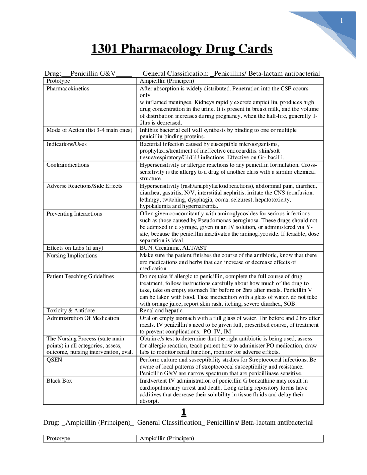 Finished Pharm Cards/1301 Pharmacology Drug Cards latest 2023/2024 ...