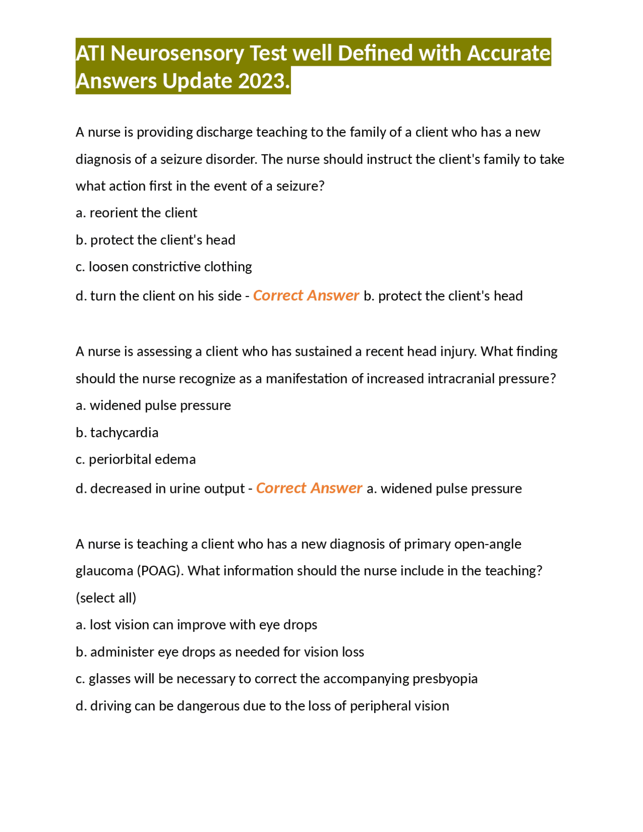 ATI Neurosensory Test well Defined with Accurate Answers Update 2023 ...