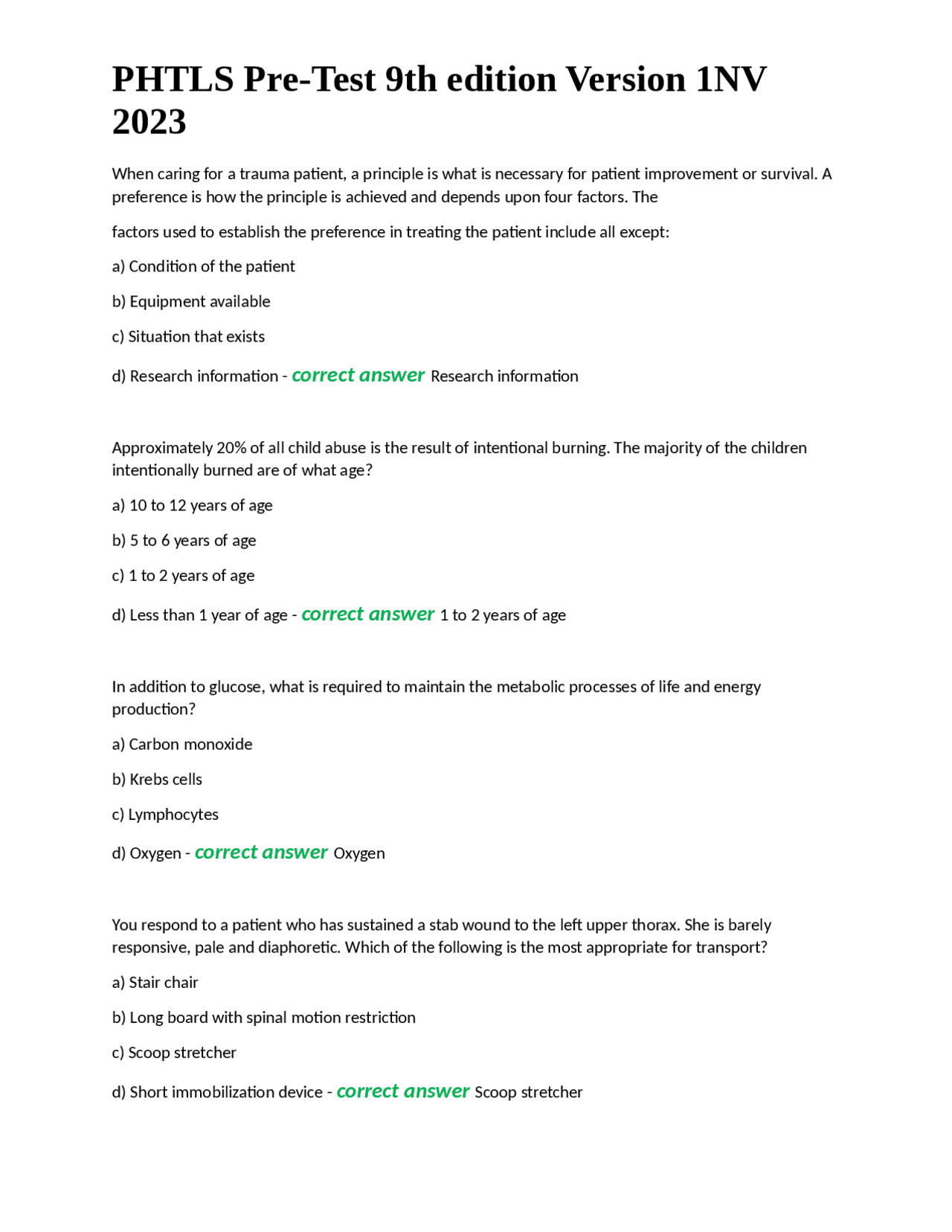 PHTLS Pre-Test 9th edition Version 1NV 2023 | Exams Nursing | Docsity