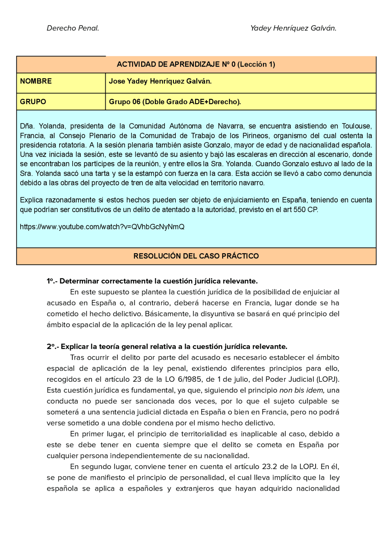 Penal I Primer Caso Práctico Ejercicios De Derecho Penal Docsity