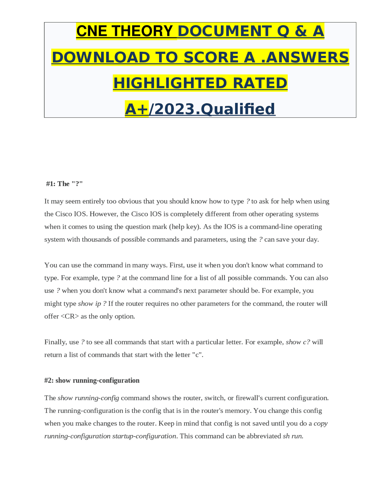 CNE THEORY DOCUMENT Q & A DOWNLOAD TO SCORE A .ANSWERS HIGHLIGHTED ...