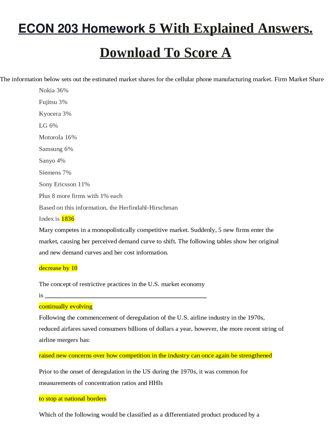 ECON 203 Homework 5 With Explained Answers. Download To Score A | Assignments Economics | Docsity
