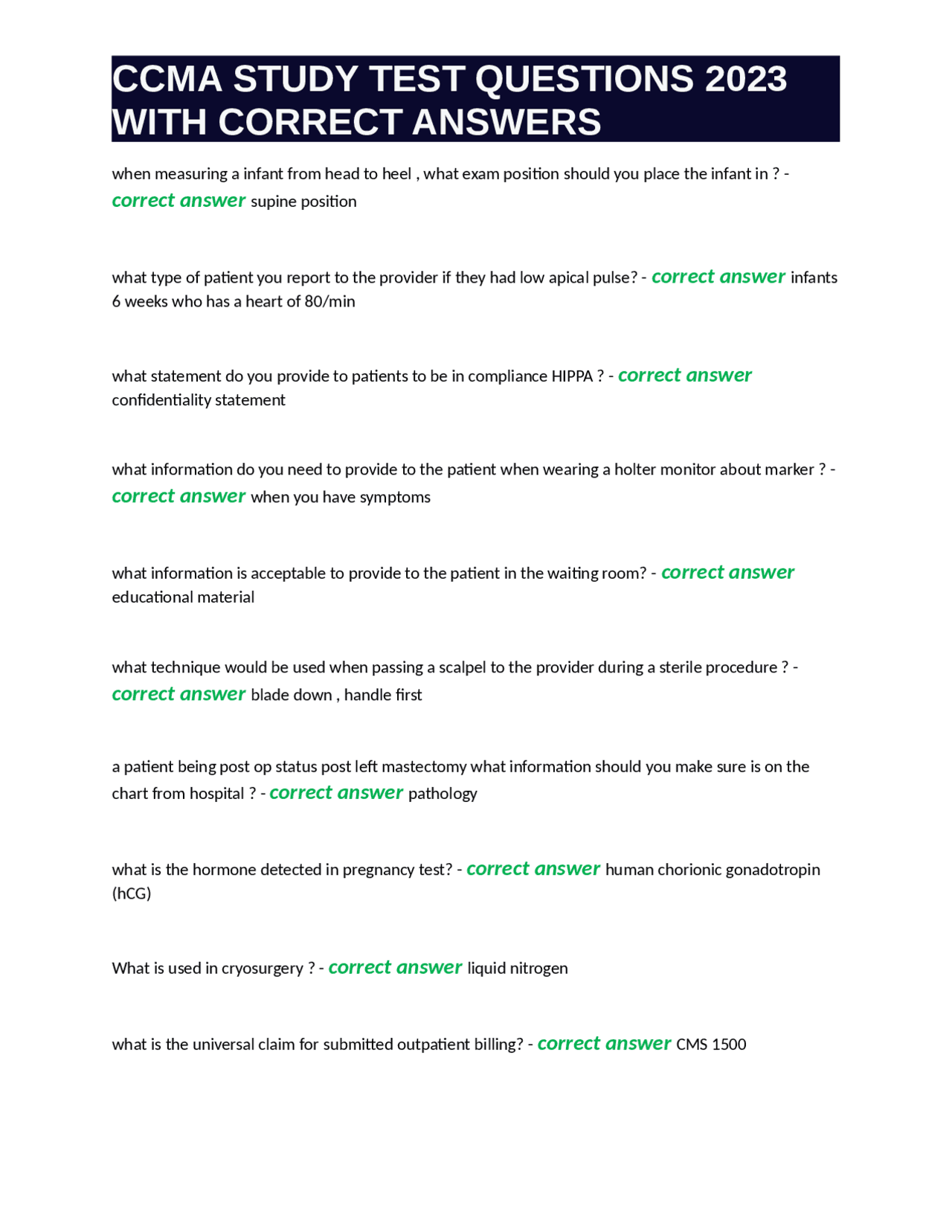 CCMA STUDY TEST QUESTIONS 2023 WITH CORRECT ANSWERS | Exams Nursing ...