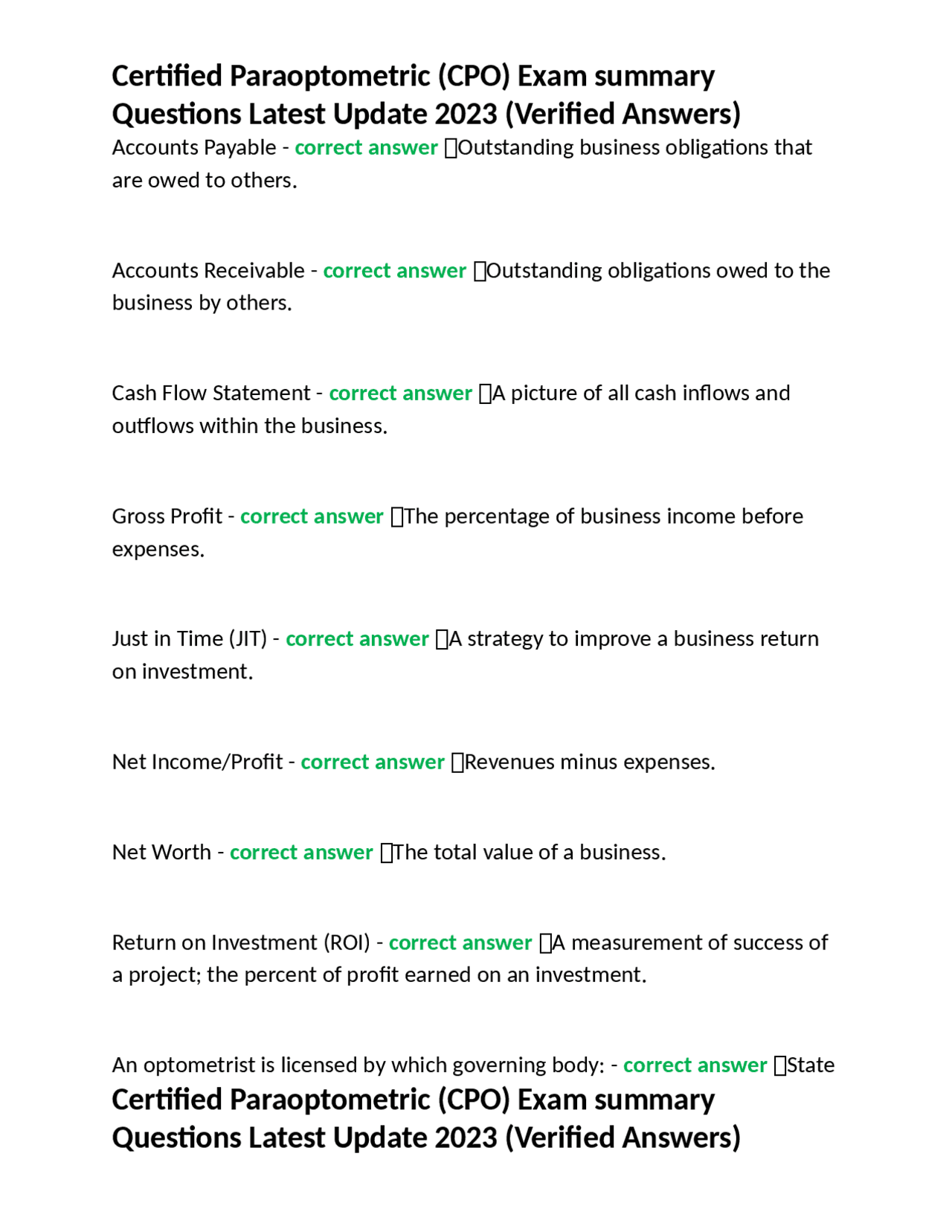 Certified Paraoptometric (CPO) Exam summary Questions Latest Update ...