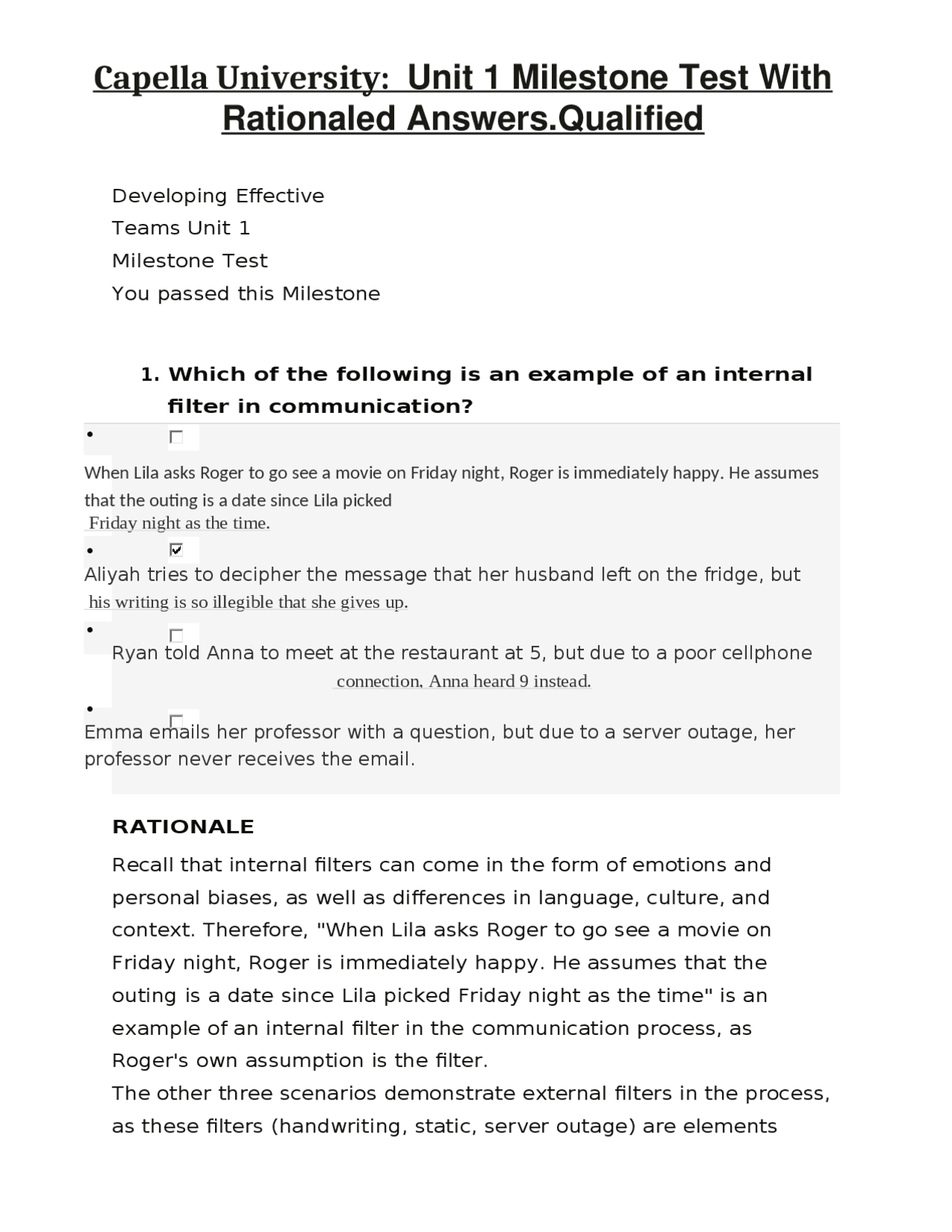 Capella University: Unit 1 Milestone Test With Rationaled Answers ...