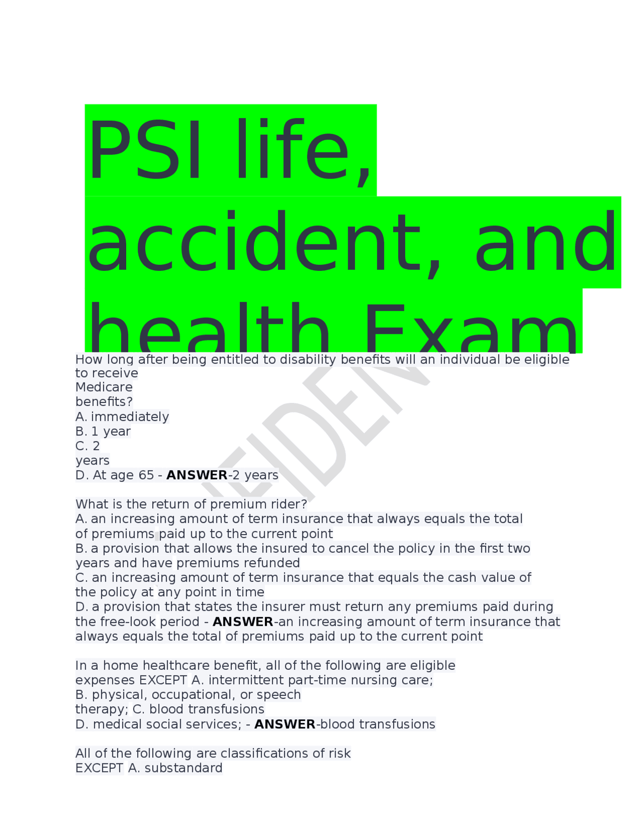 PSI life, accident, and health ExamQuestions with correct Answers ...