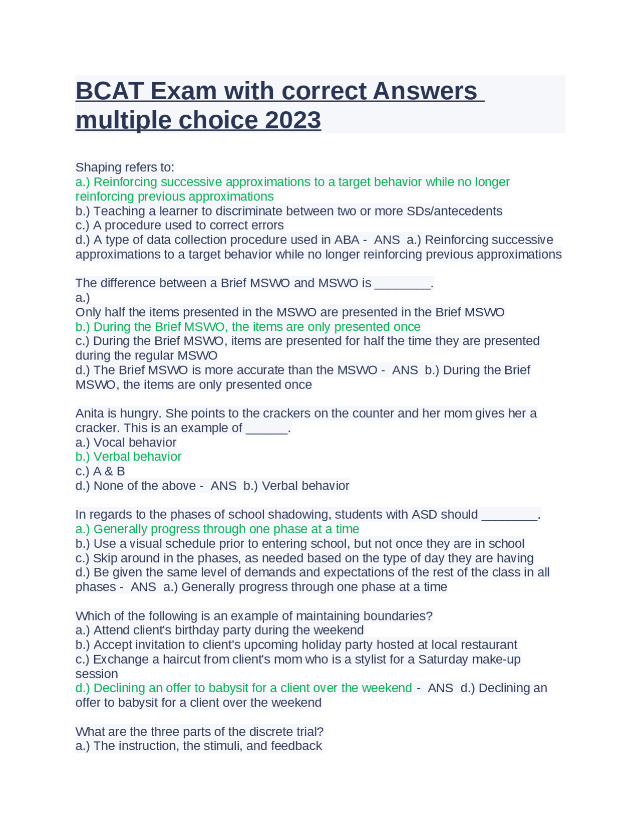 Bcat Exam With Correct Answers Multiple Choice 2023 Exams Nursing