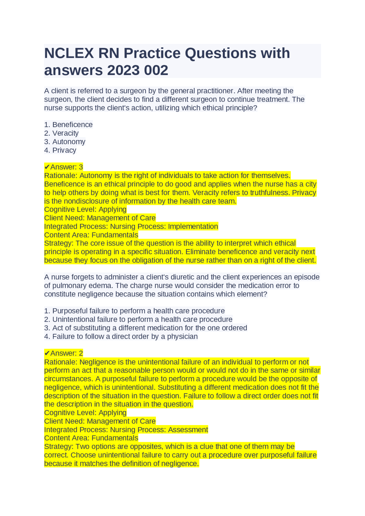 nclex rn practice questions with answers 2023_002 | Exams Nursing | Docsity
