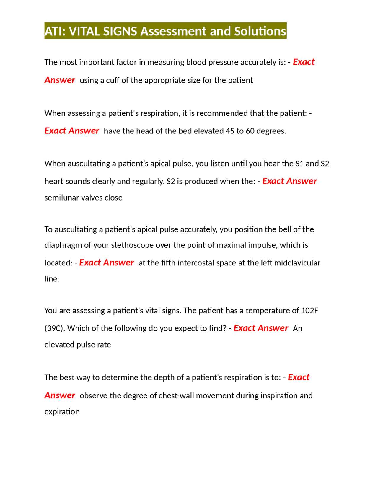 ATI: VITAL SIGNS Assessment and Solutions | Exams Nursing | Docsity
