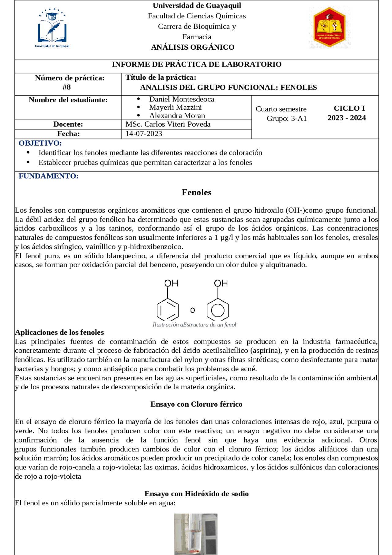 PRACTICA # 8 FENOLES | Monografías, Ensayos de Análisis Farmacéutico | Docsity
