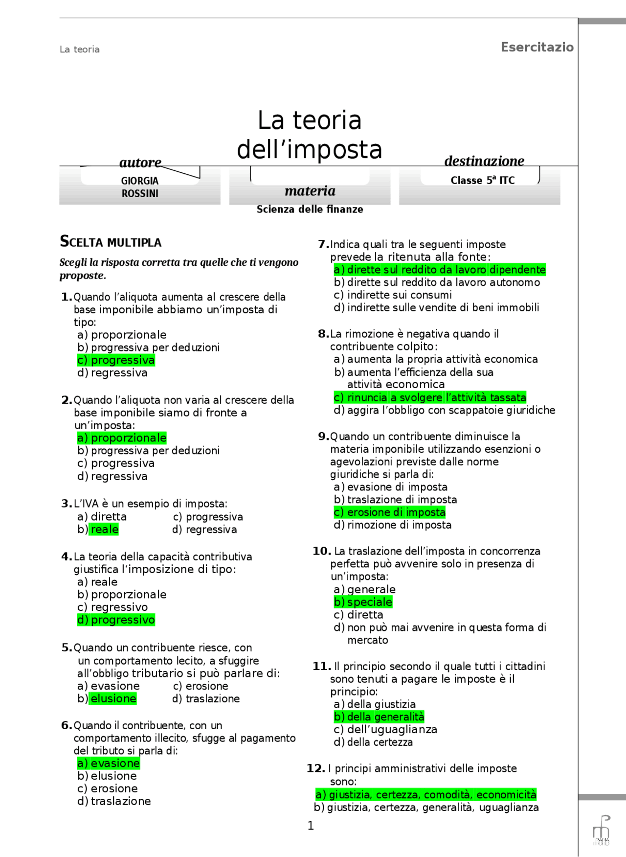 Teoria dell'Imposta, ESERCITAZIONE SVOLTA | Esercizi di Diritto ...