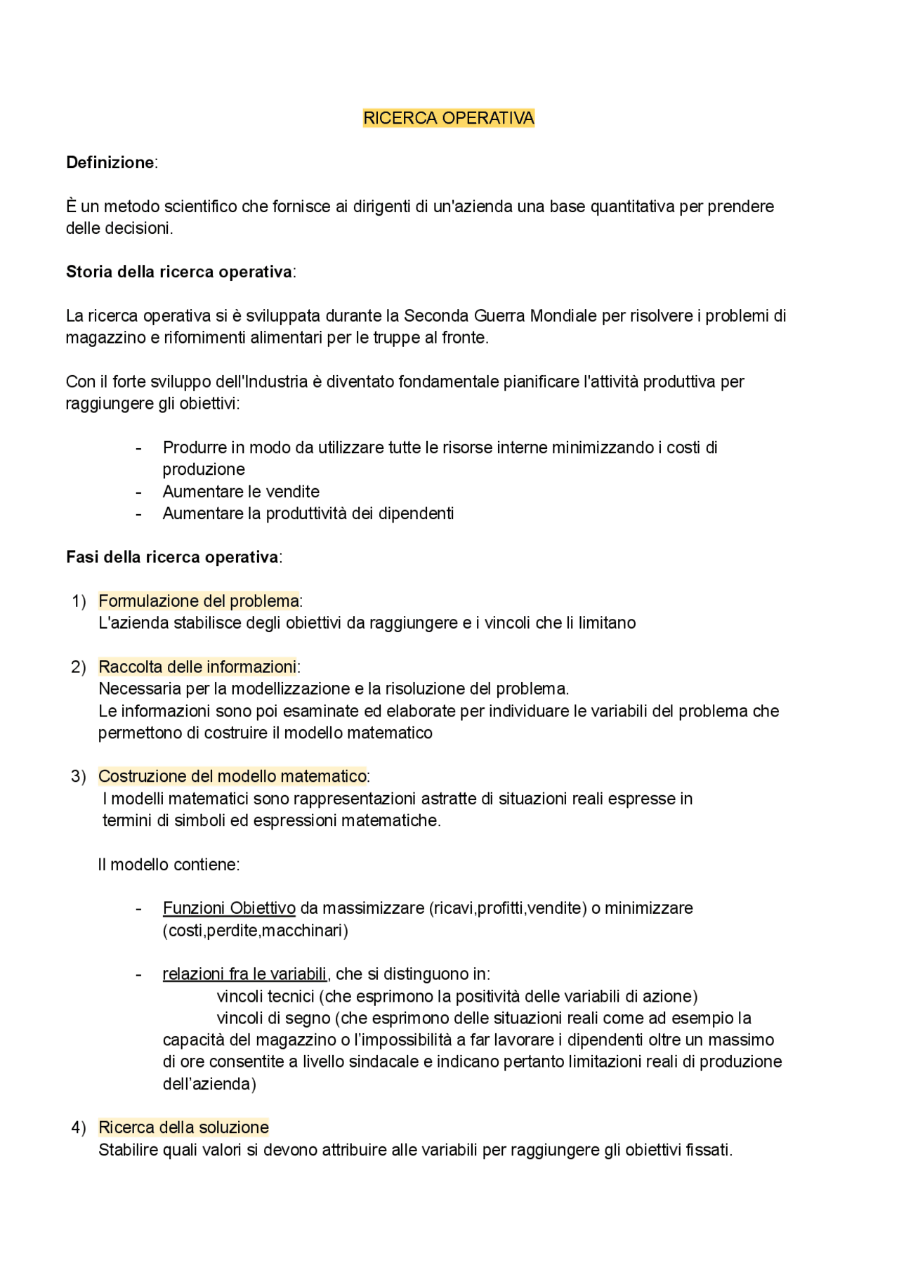 Ricerca operativa in matematica | Appunti di Matematica | Docsity