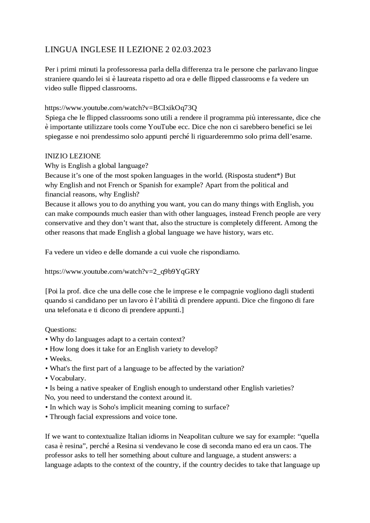 Sbobina Seconda Lezione Sbobinature Di Lingua Inglese Docsity