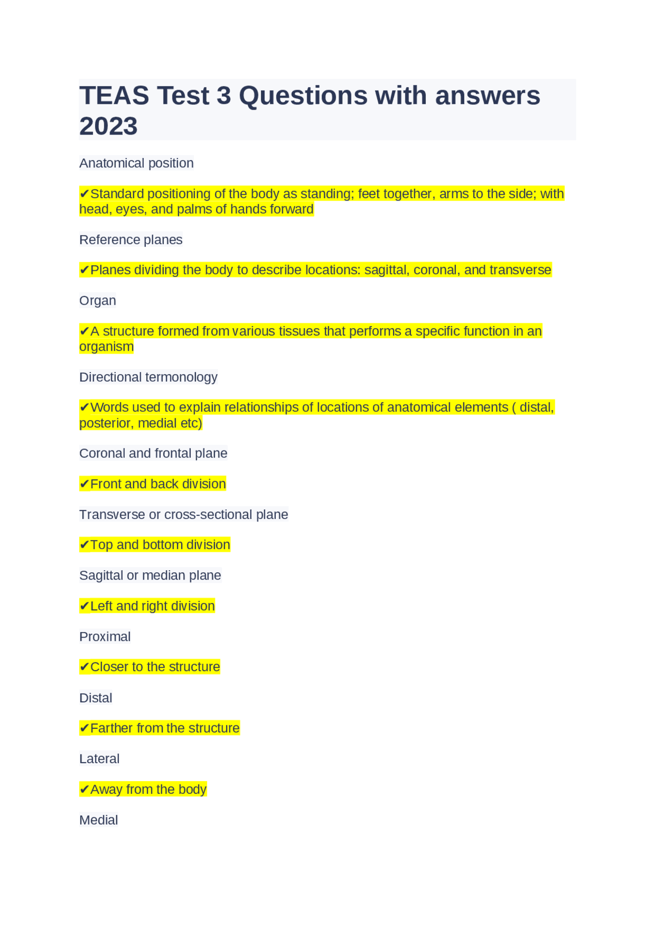 TEAS Test 3 Questions with answers 2023 | Exams Nursing | Docsity