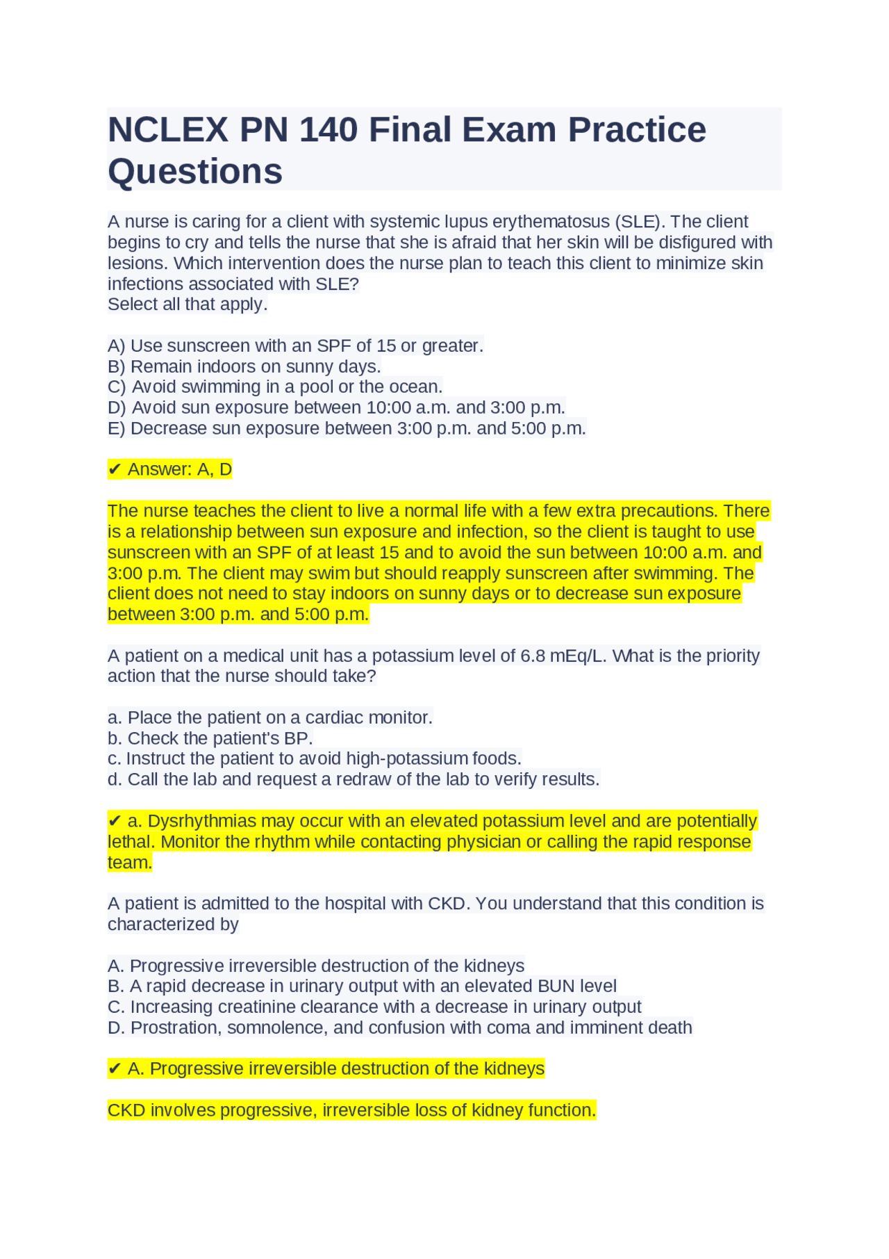 NCLEX PN 140 Final Exam Practice Questions with answers and rationales ...