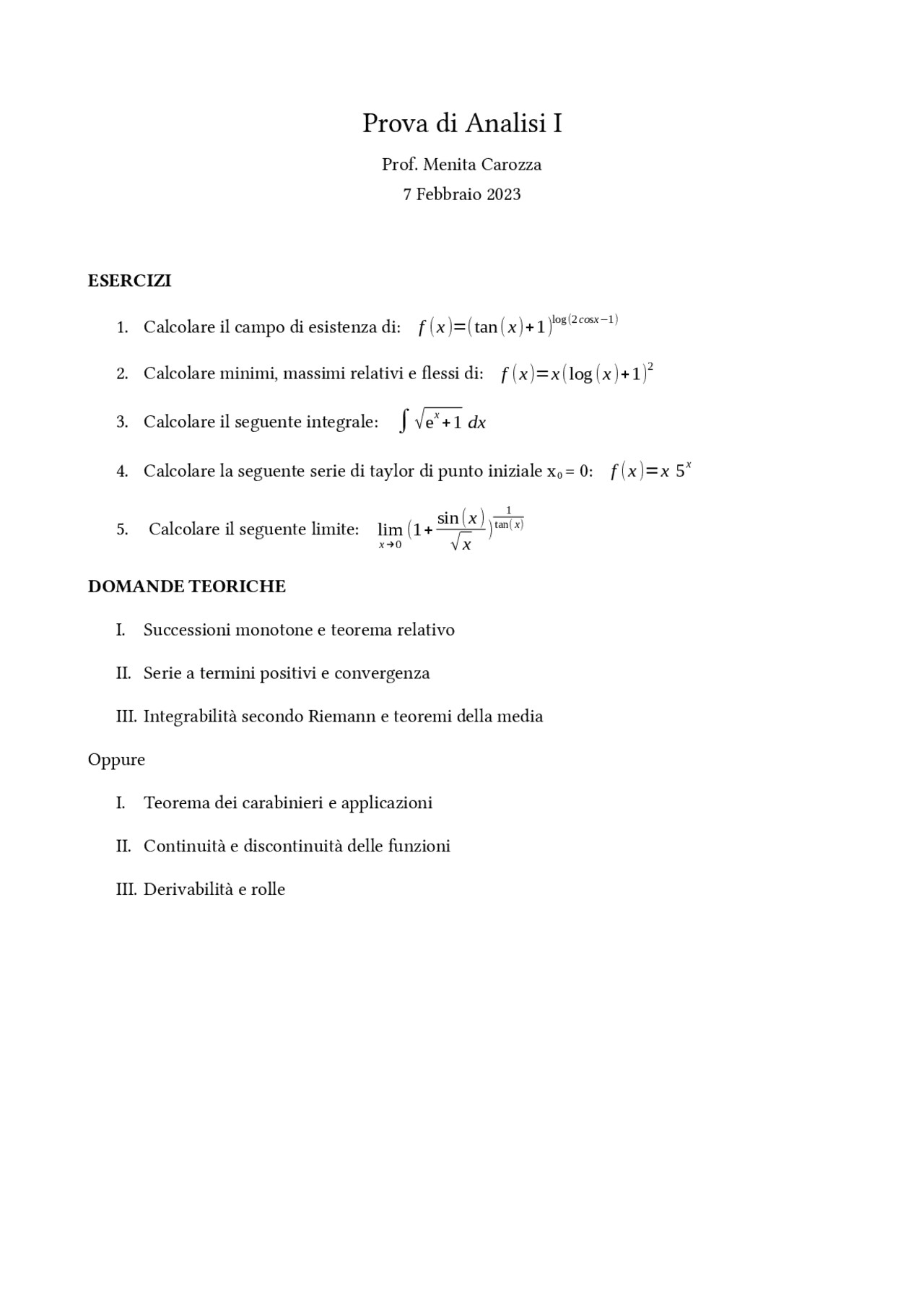 Prova d'esame di Analisi I | Prove d'esame di Analisi Matematica I | Docsity