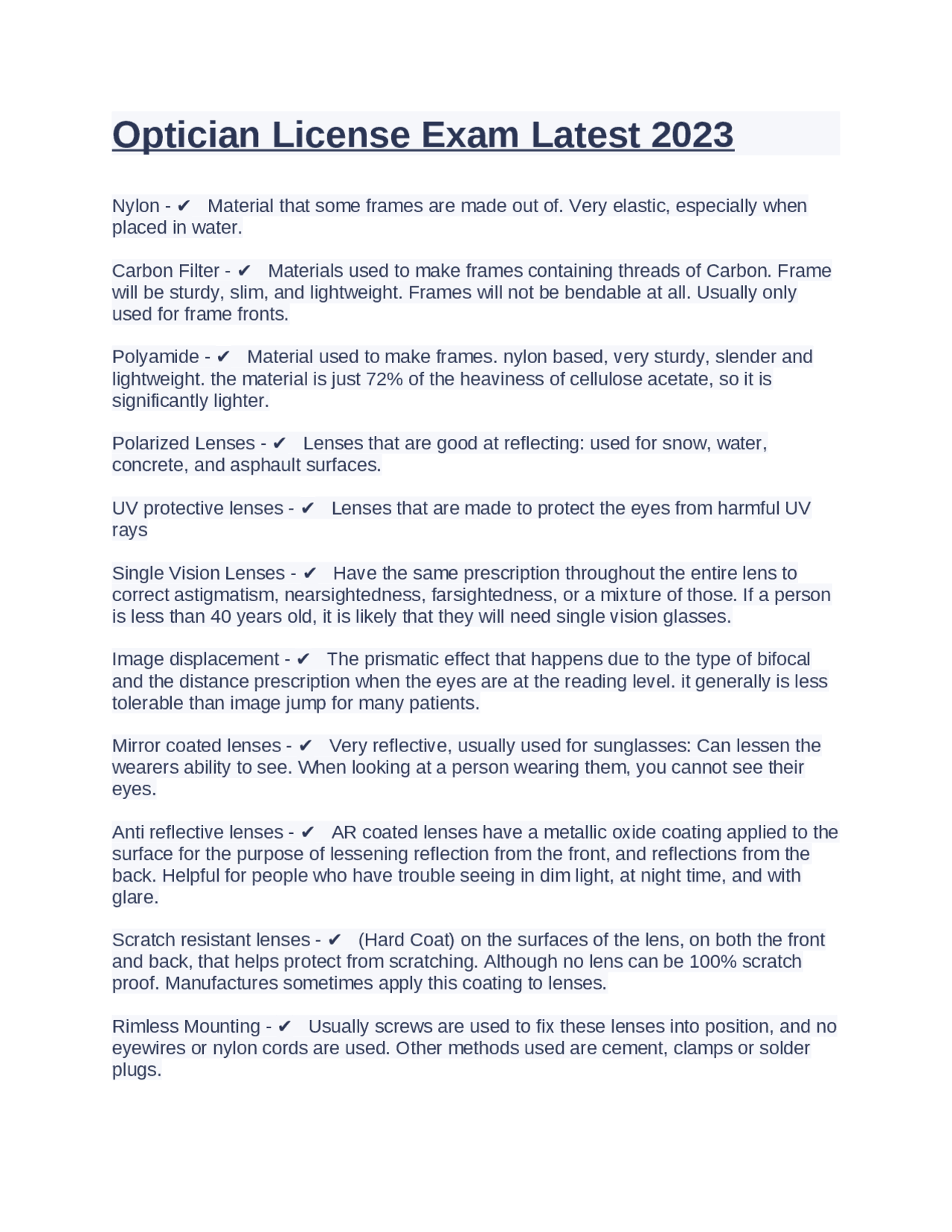 Optician License Exam Latest 2023 | Exams Health sciences | Docsity