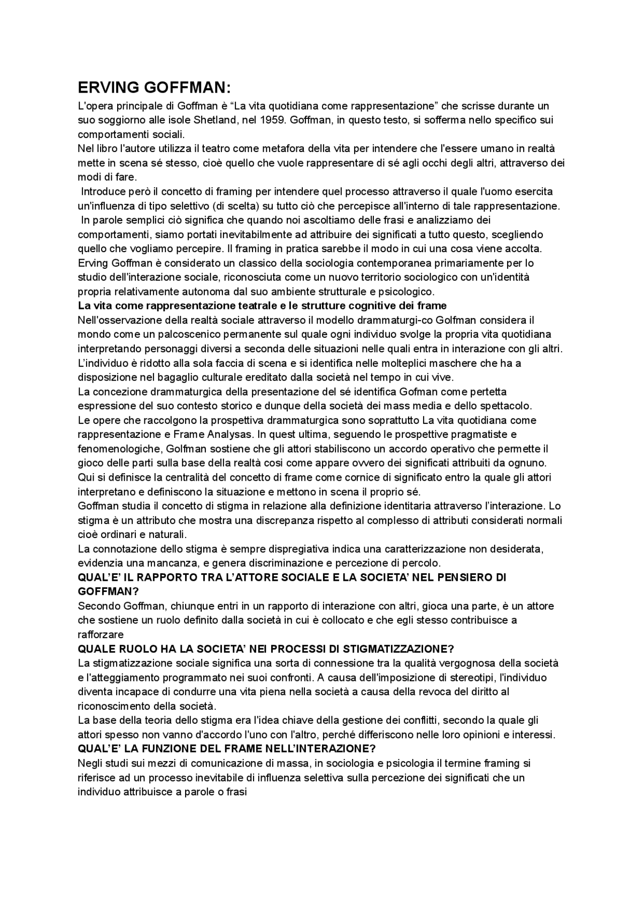 Riassunto su Erving goffman- sociologia generale | Schemi e mappe ...