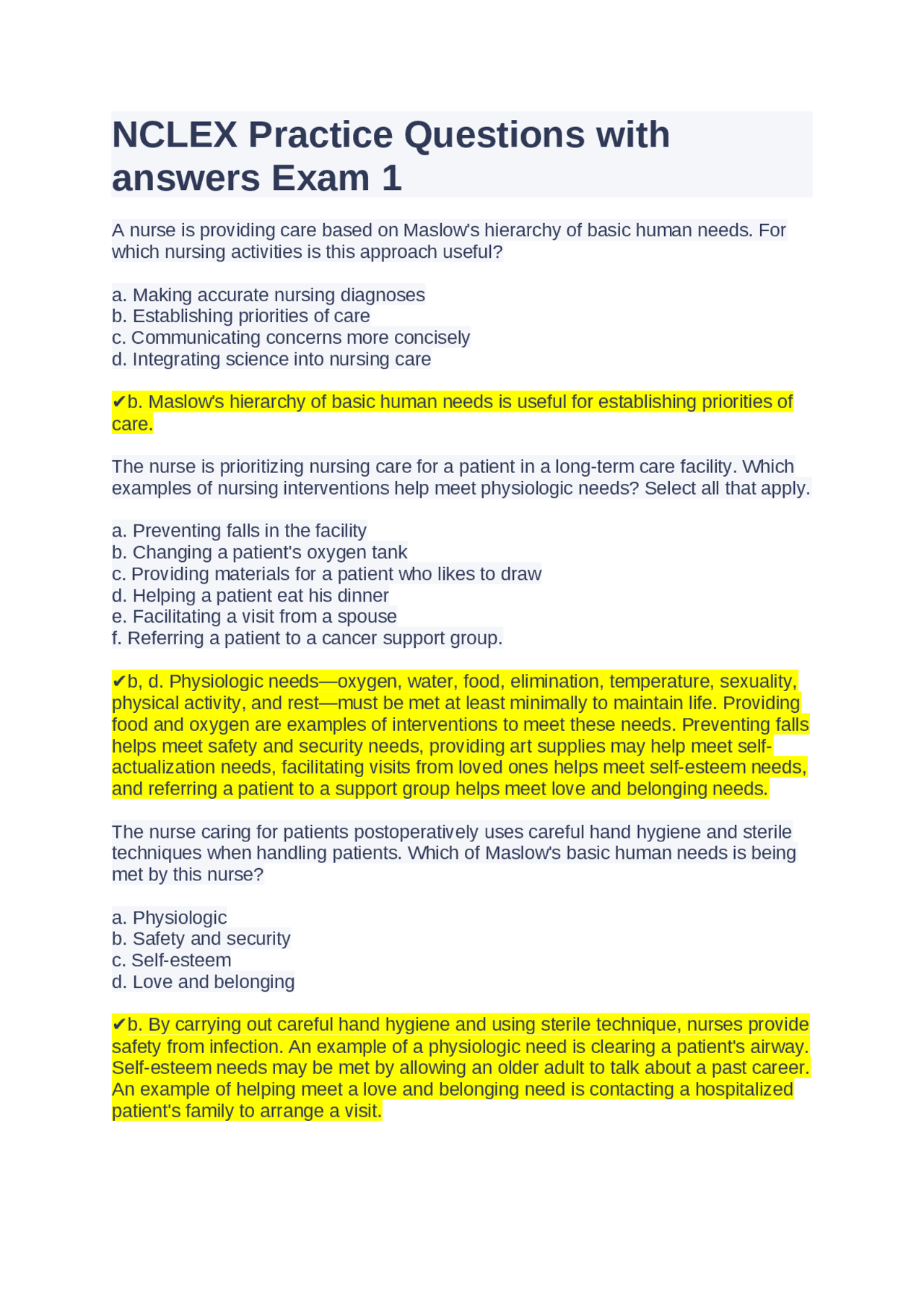 Nclex practice questions with answers exam 1 | Exams Nursing | Docsity