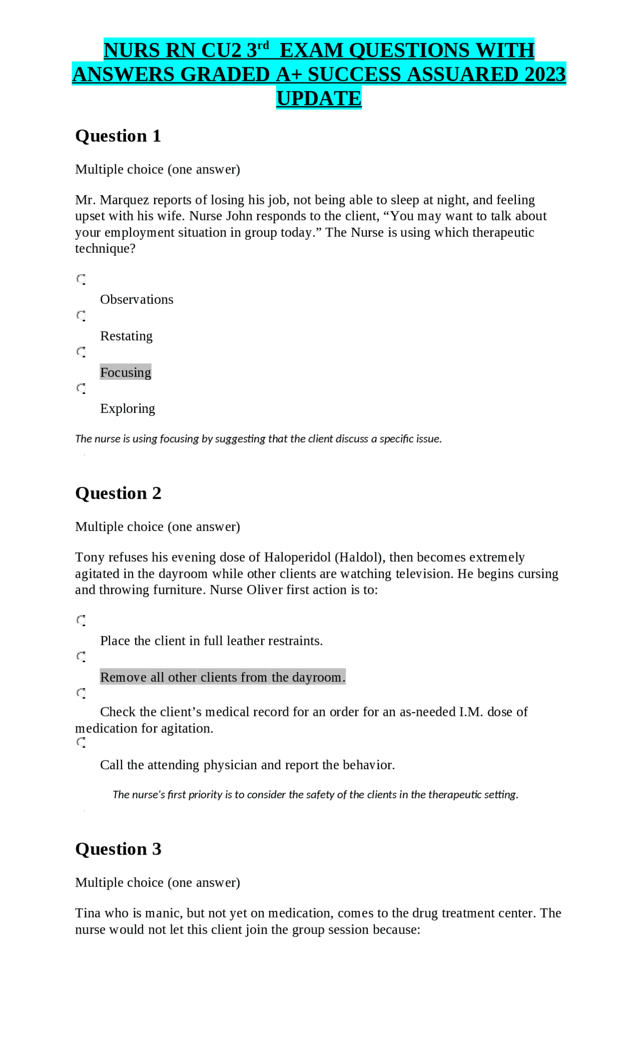 Nurs Rn Cu2 3rd Exam Questions With Answers Graded A Success Assuared