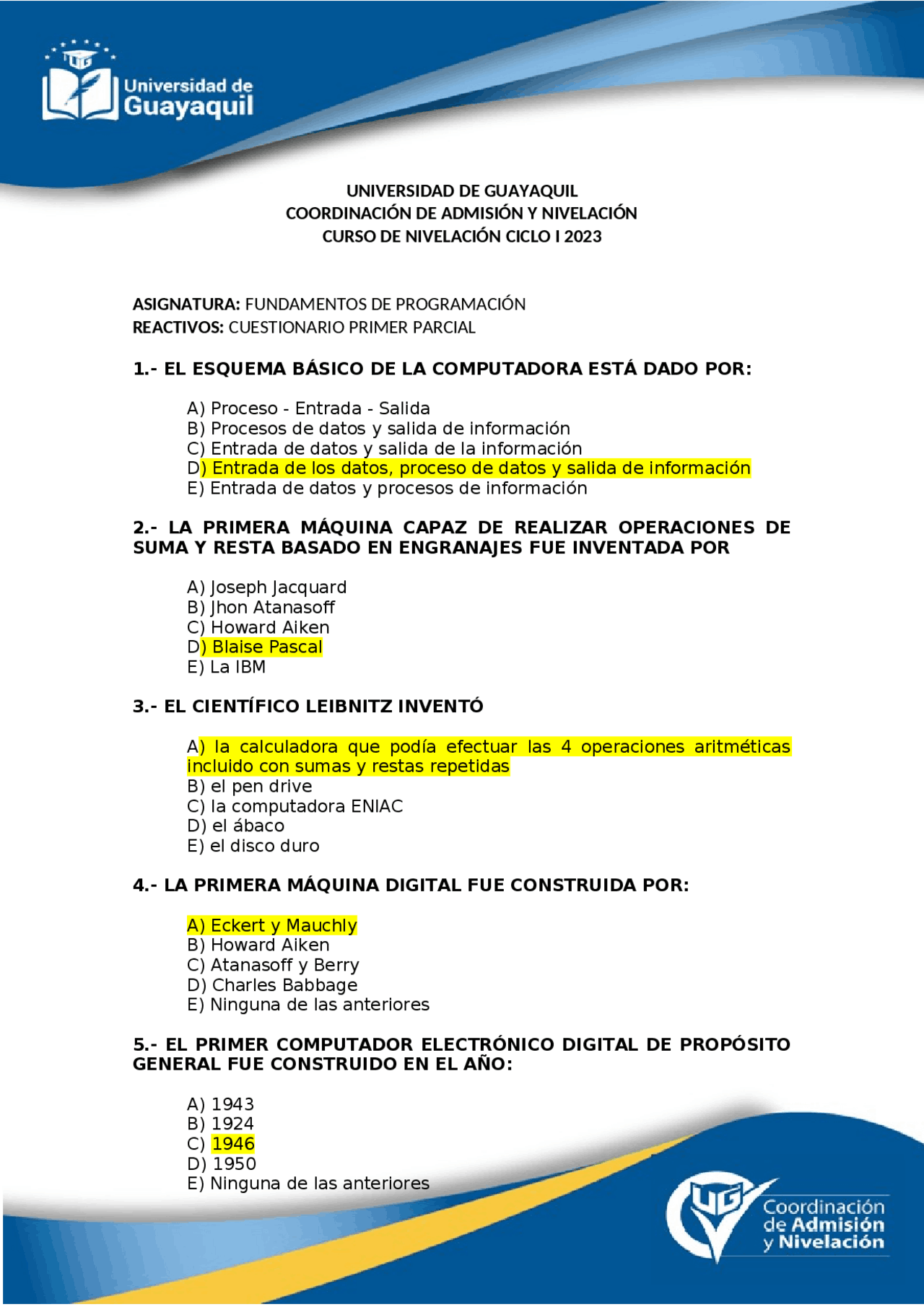 Examen Del Primer Parcial Exámenes De Programación Informática Docsity