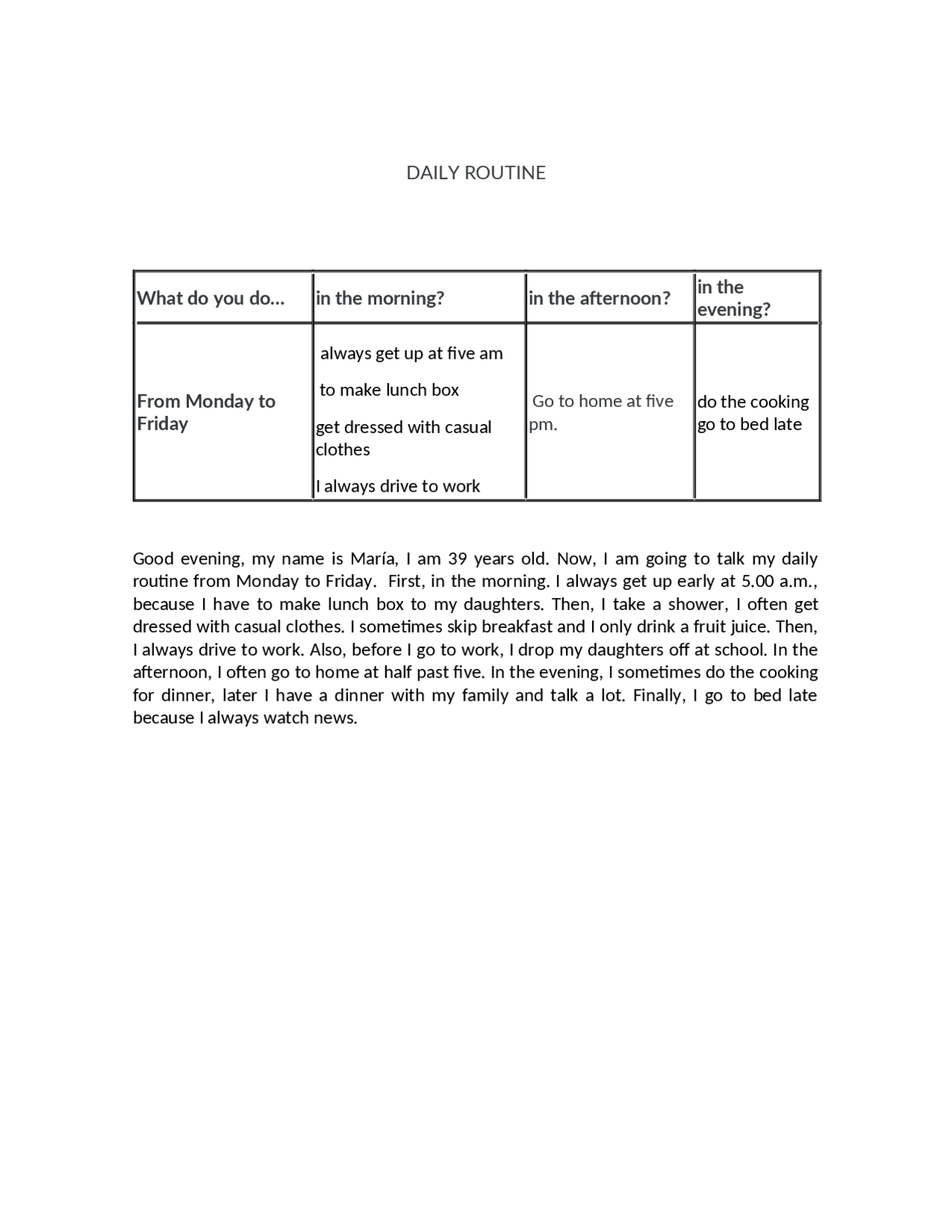 Tarea De Daily Routine Ejercicios De Idioma Inglés Docsity
