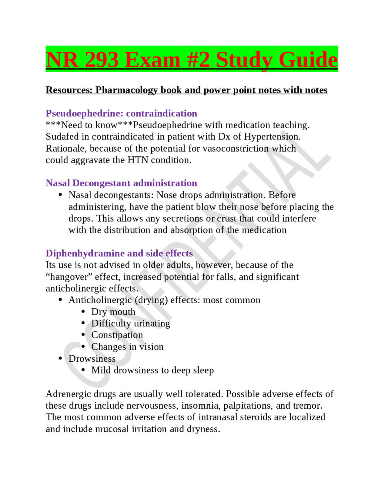 NR 293 Exam #2 Study Guide | Exams Nursing | Docsity