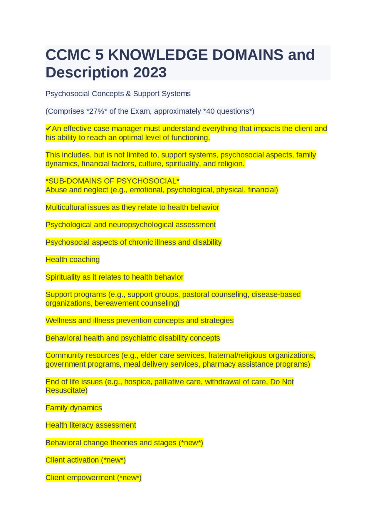 CCMC 5 KNOWLEDGE DOMAINS and Description 2023 | Exams Nursing | Docsity