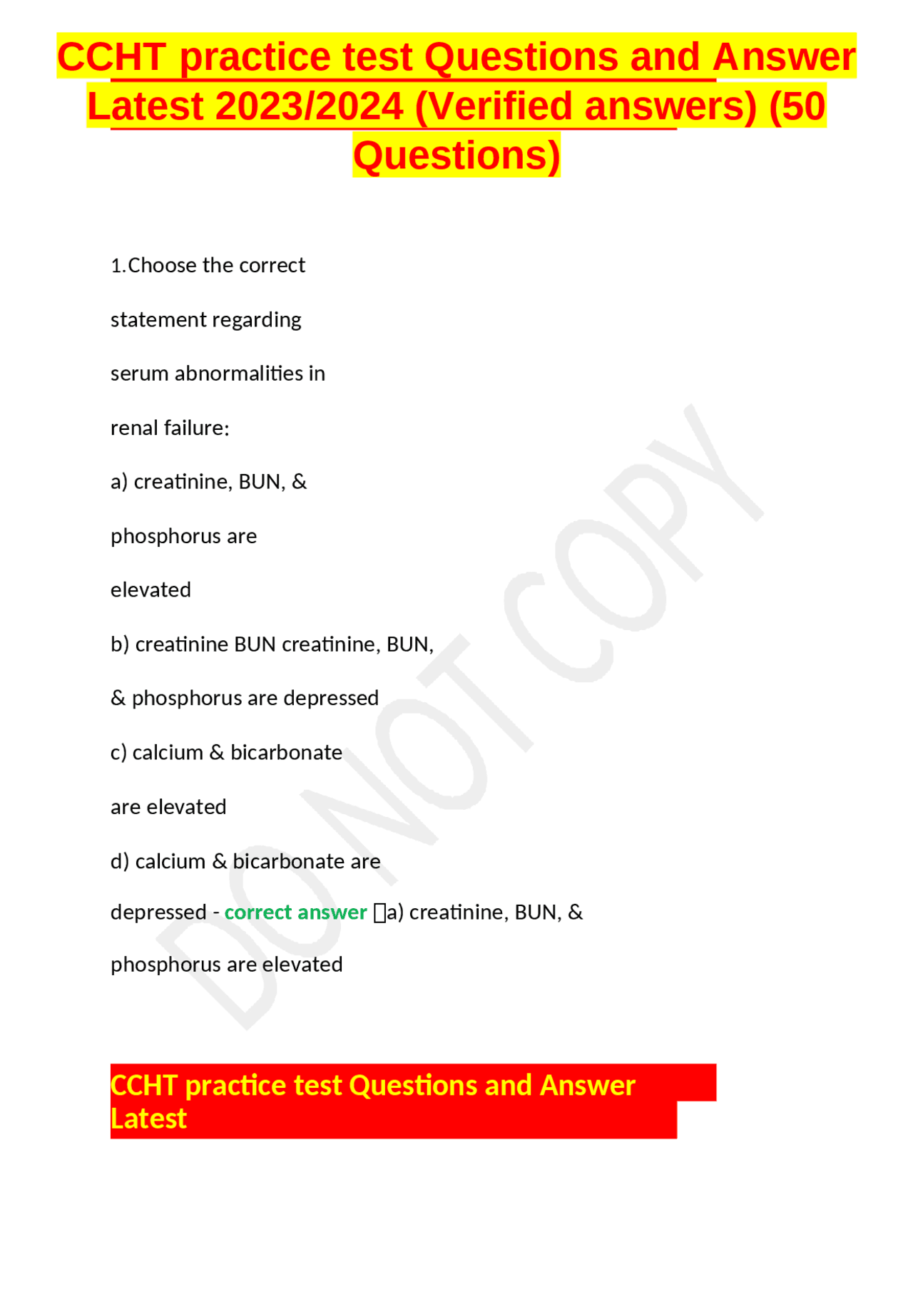CCHT practice test Questions and Answer Latest 2023/2024 (Verified ...