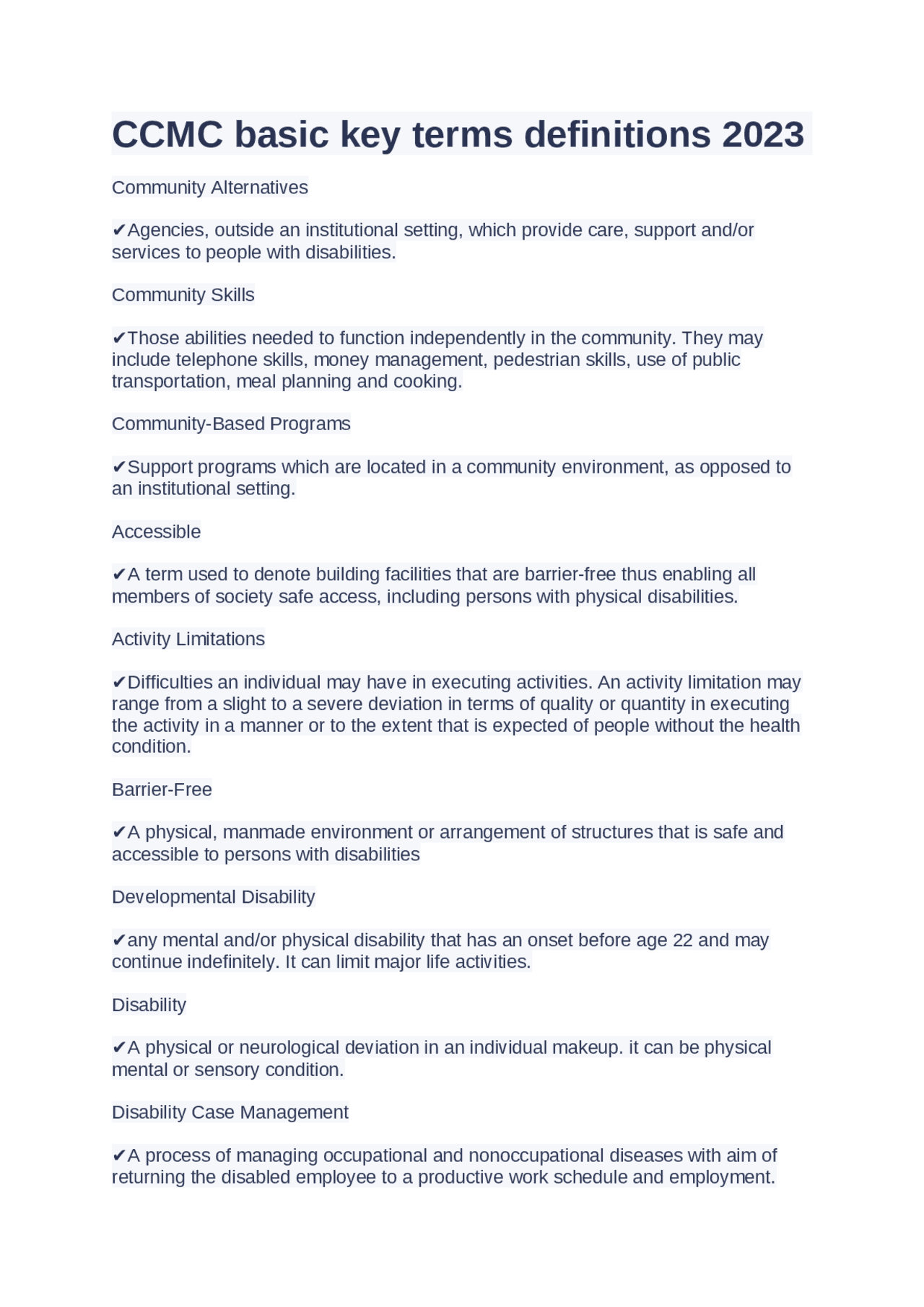 CCMC basic key terms definitions 2023 | Study notes Nursing | Docsity