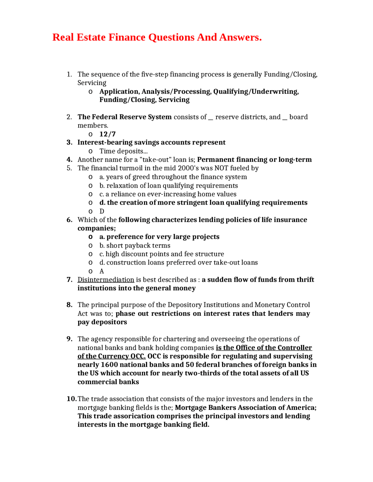 Real Estate Finance Questions And Answers. | Exams Economics | Docsity