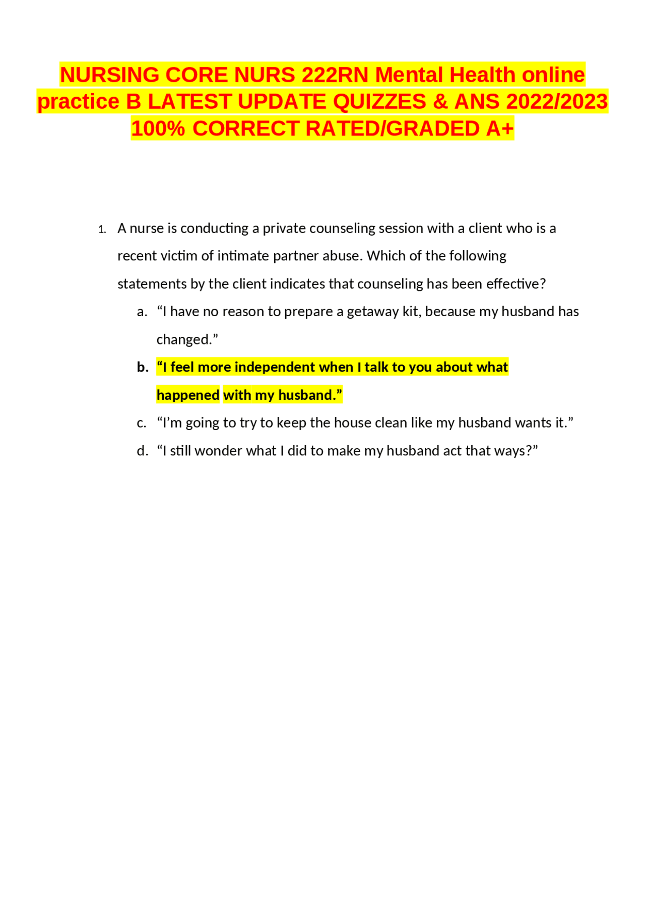 NURSING CORE NURS 222RN Mental Health online practice B LATEST UPDATE ...