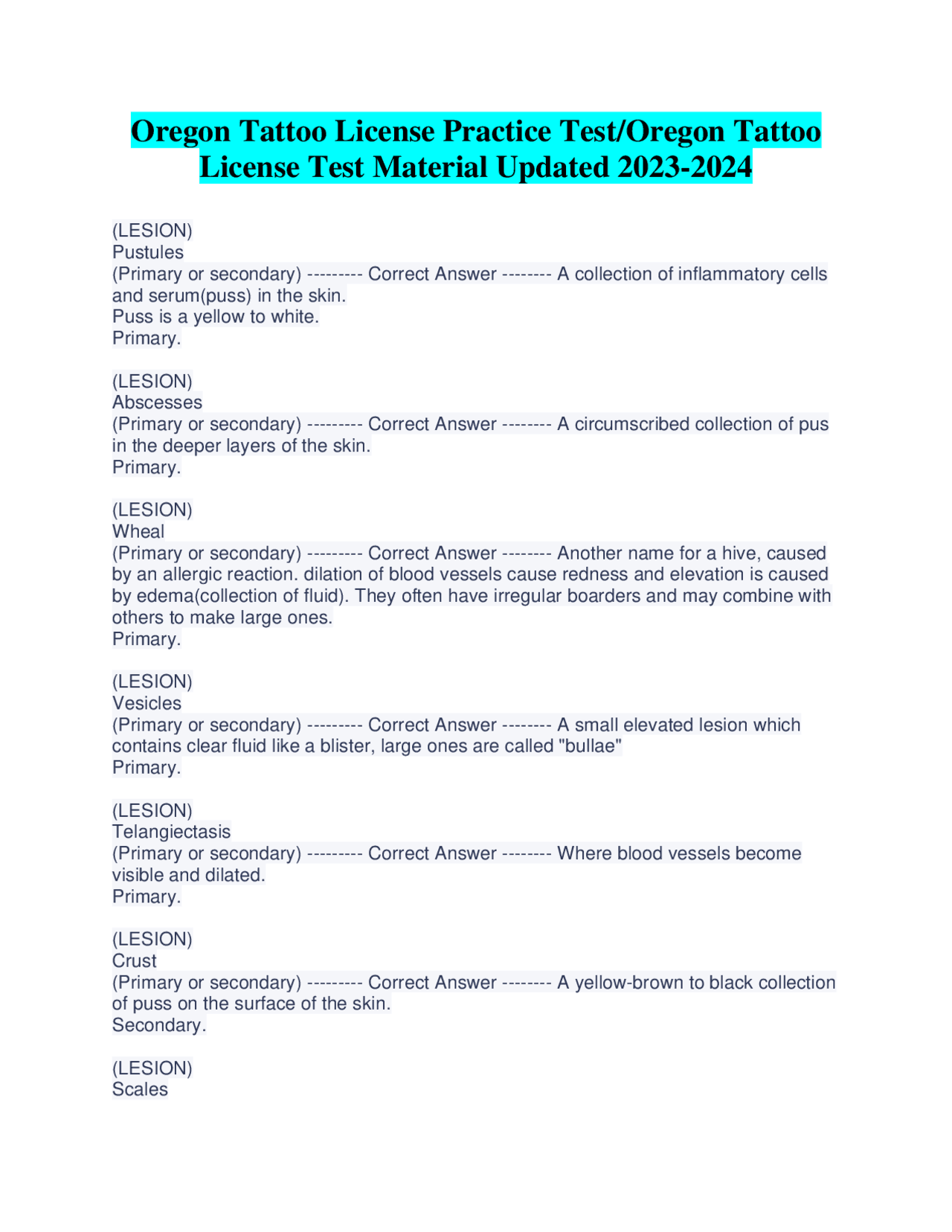 Oregon Tattoo License Practice Test/Oregon Tattoo License Test Material ...