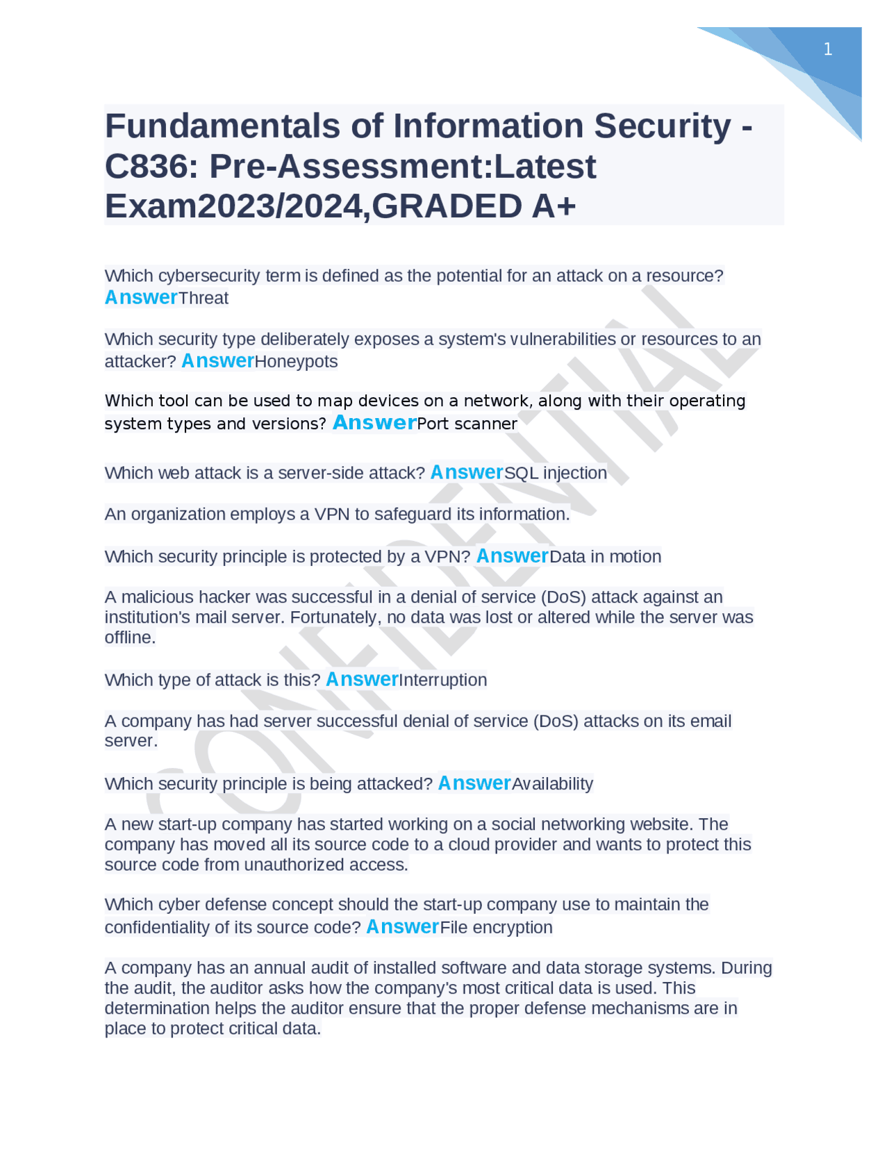 Fundamentals of Information Security - C836: Pre-Assessment:Latest ...