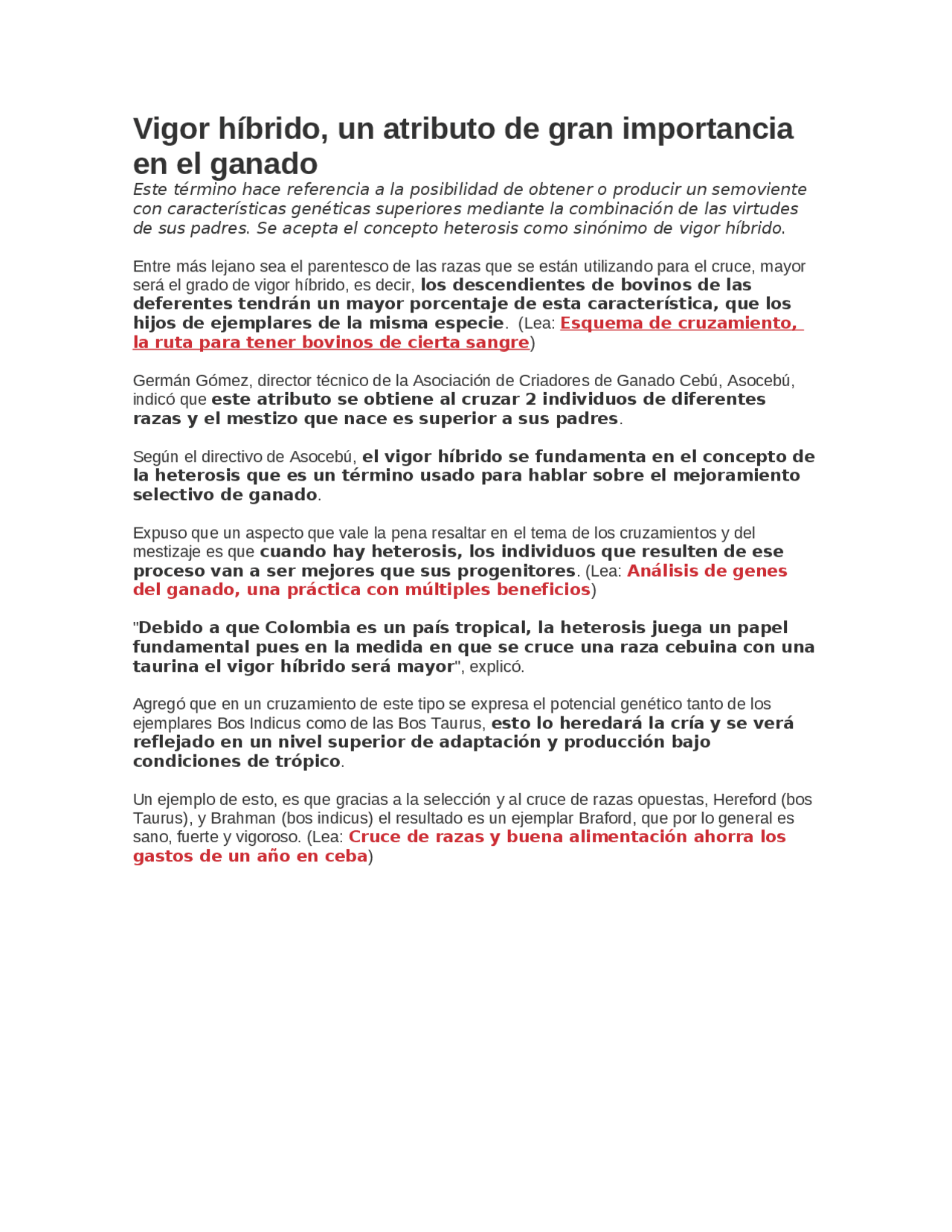Vigor Híbrido en bovinos | Resúmenes de Biología | Docsity