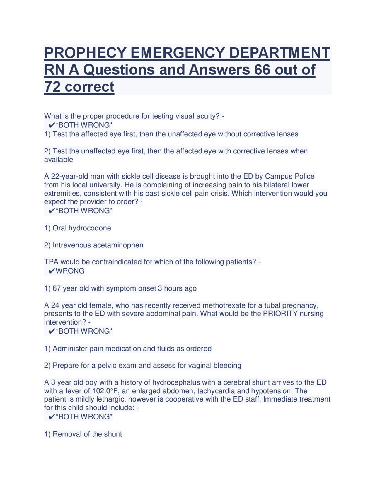Prophecy Emergency Department Rn A Questions And Answers 66 Out Of 72
