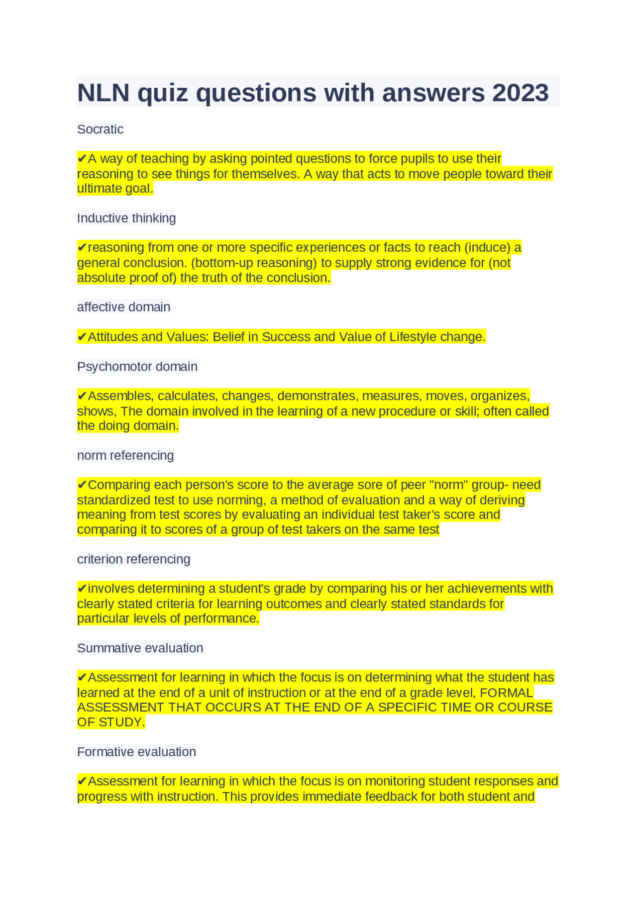 NLN quiz questions with answers 2023 | Exams Nursing | Docsity