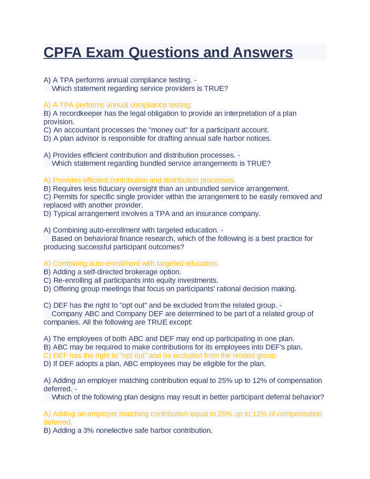 CPFA Exam Questions and Answers | Exams Finance | Docsity