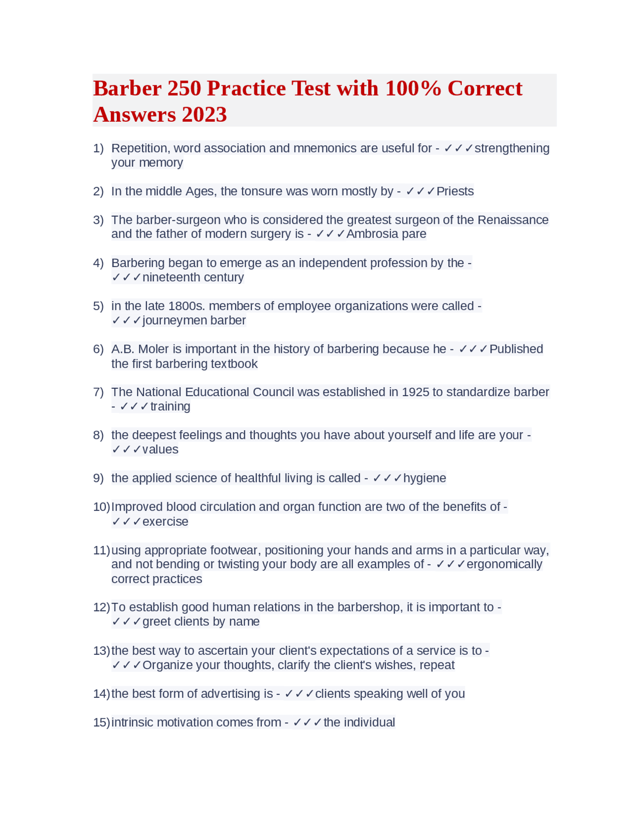 Barber 250 Practice Test with 100% Correct Answers 2023 | Exams ...